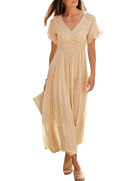 LASCANA Floral V-neck Maxi Dress - Taupe Yellow