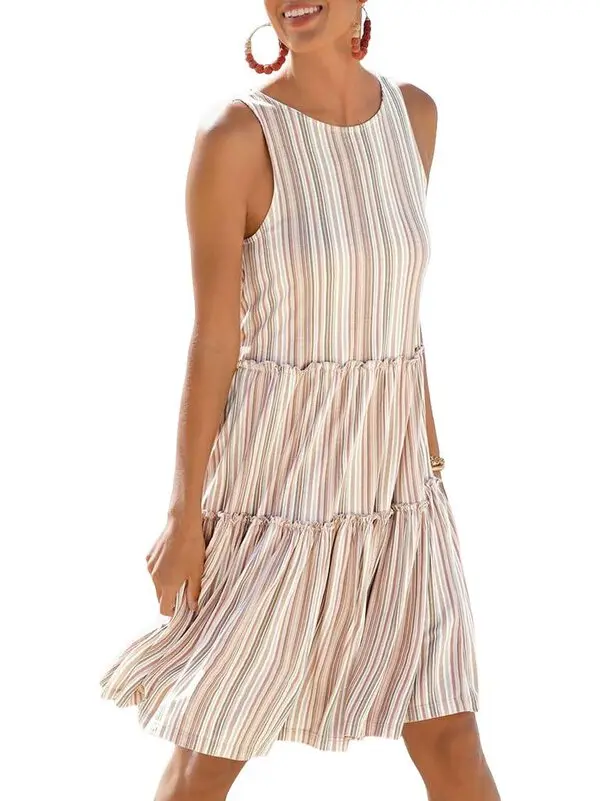 LASCANA Flowy Tiered Dress - Brown White Striped
