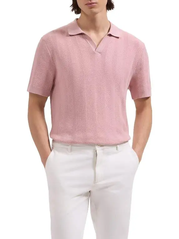 Bugatchi Johnny Collar Basket Stitch Cotton Blend Short Sleeve Sweater - Dusty Pink