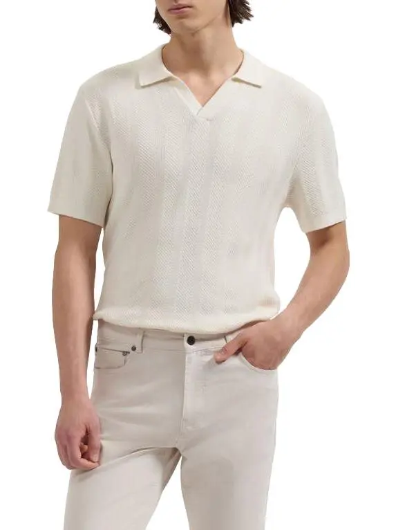 Bugatchi Johnny Collar Basket Stitch Cotton Blend Short Sleeve Sweater - Ivory
