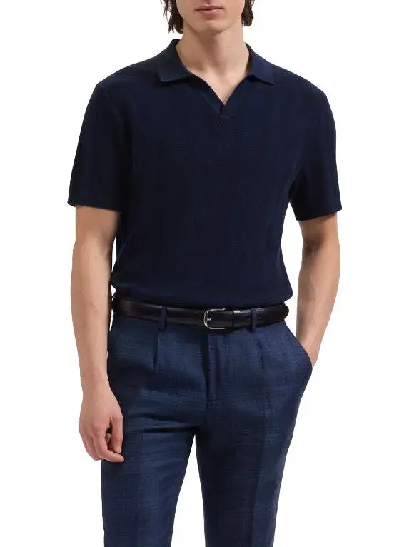 Bugatchi Johnny Collar Basket Stitch Cotton Blend Short Sleeve Sweater - Navy