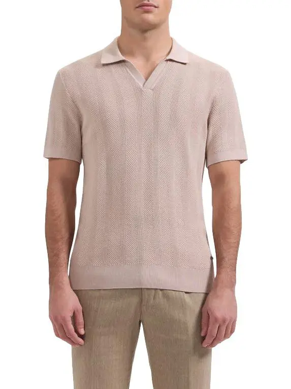 Bugatchi Johnny Collar Basket Stitch Cotton Blend Short Sleeve Sweater - Sand