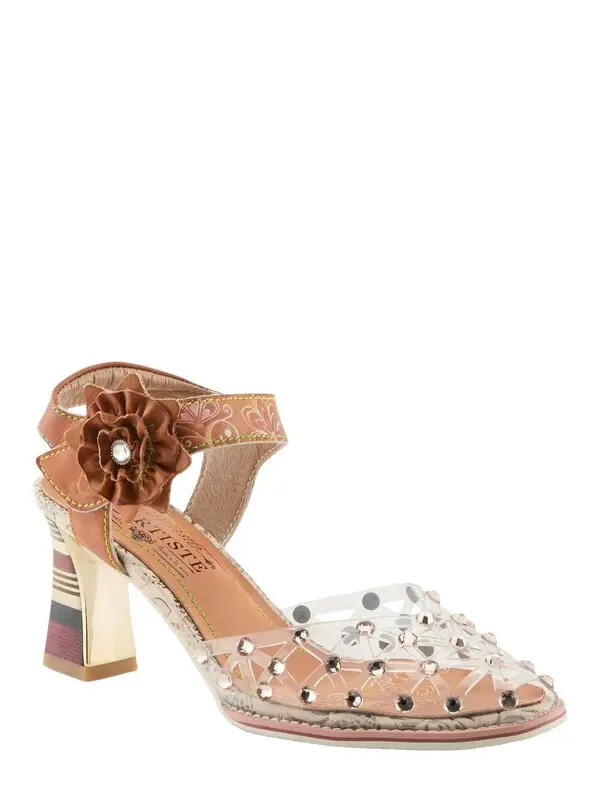 SPRING STEP SHOES Ankle Strap Sandal With Floral Appliqu - Camel Multi