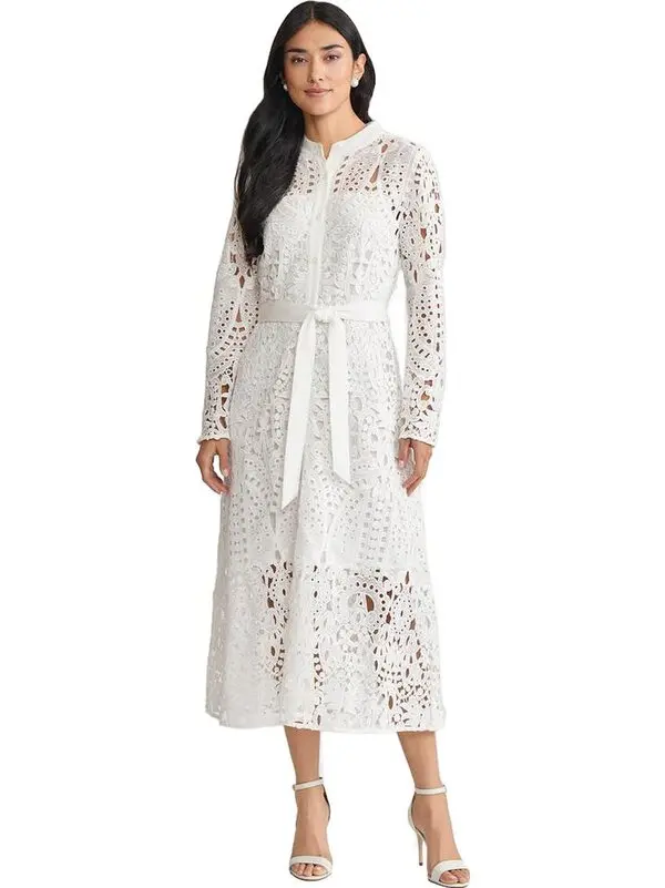Ming Wang Fit-n-flare Lined Laced Midi Dress - White
