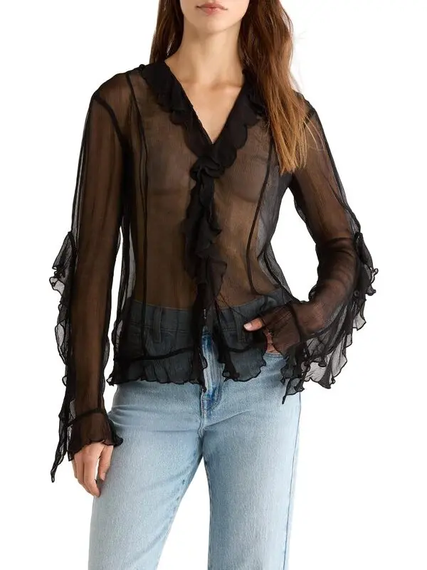 Staud Kellcy Ruffle Sleeve Top - Black