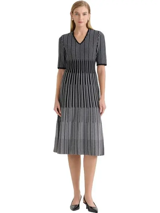 Ming Wang Fit-n-flare Linear Soft Knit Midi Dress - Black/white