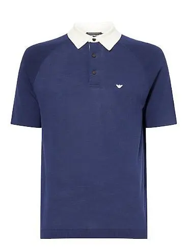 Emporio Armani Contrast-collar Logo-embroidered Knitted Polo Top Xxxl - Naval Academy