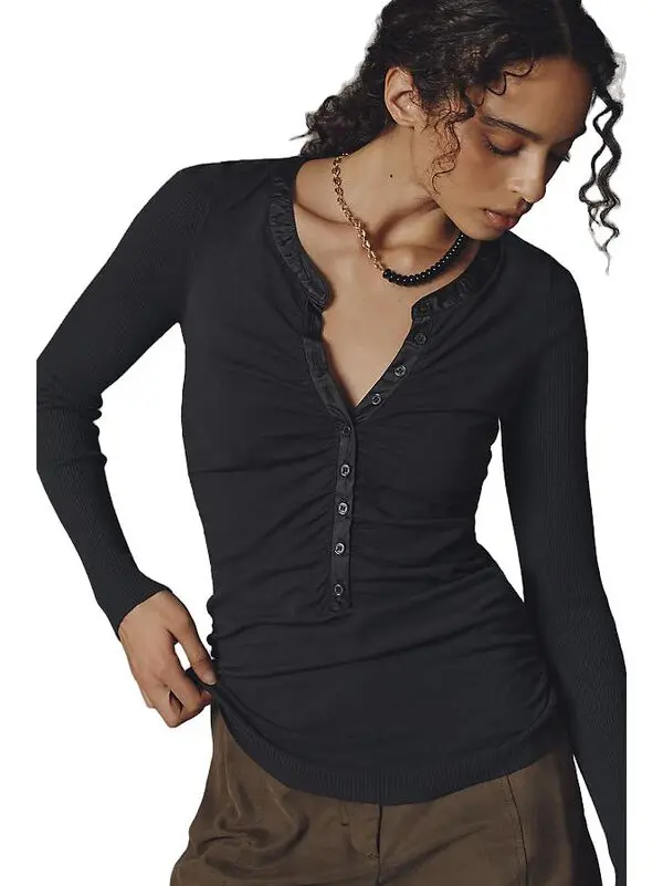 Anthropologie Ruched Satin-trim Henley - Chalkboard