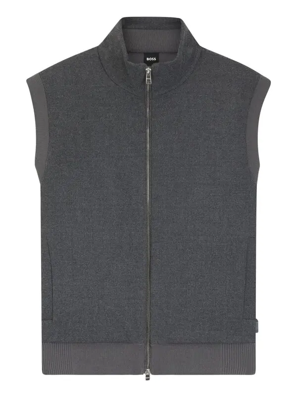 BOSS Flannel Gilet With Ribbed Trims - Dark Grey