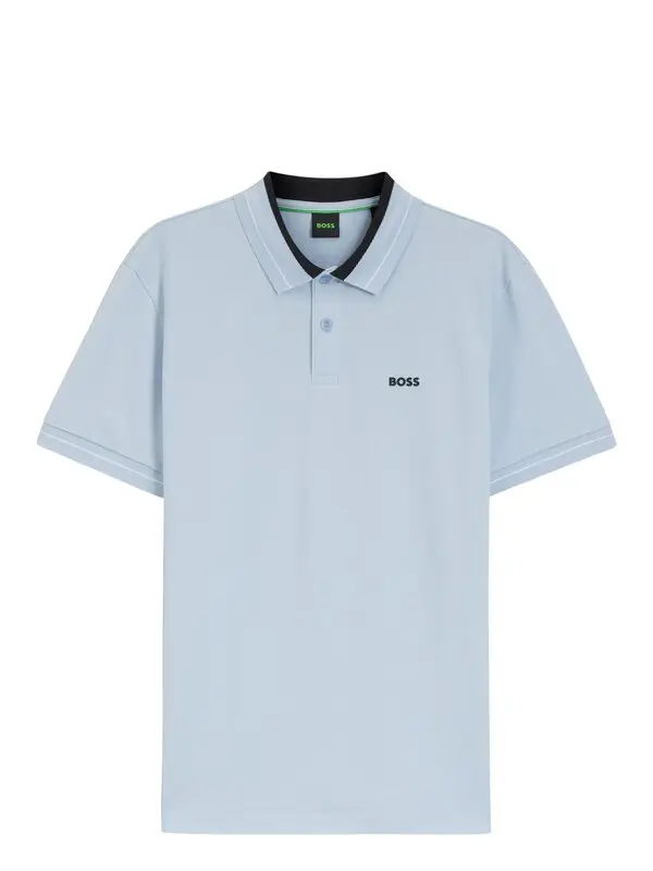BOSS Stripe-trim Polo Shirt In Stretch Cotton - Light Blue