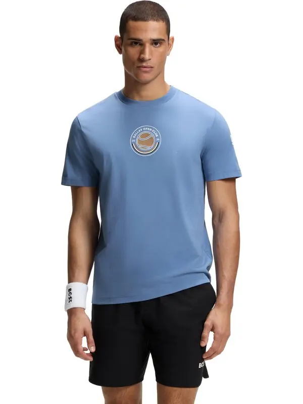 BOSS Relaxed-fit T-shirt In Cotton With Tennis Artwork - Light Blue
