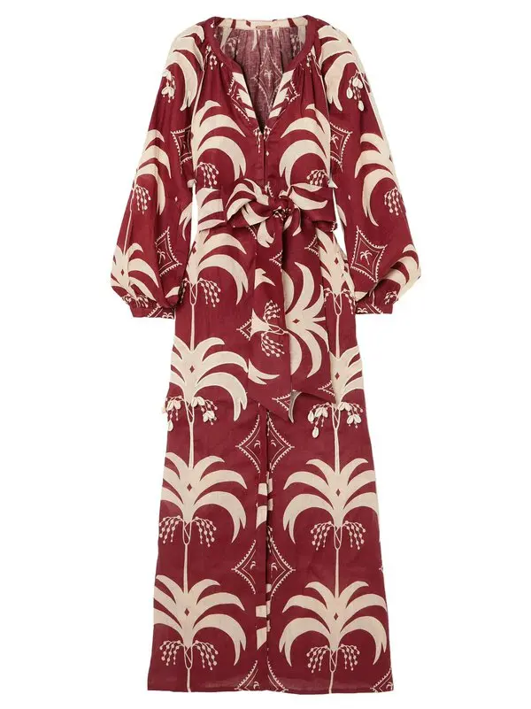 Johanna Ortiz Weaving Waves Belted Embellished Printed Linen Midi Dress - Red