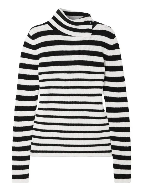LISA YANG Sabrine Button-detailed Striped Ribbed Turtleneck Sweater - Black