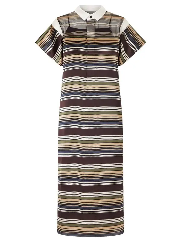 Sacai Striped Organza And Satin Midi Dress - Brown
