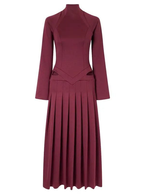TOLU COKER Open-back Cutout Pleated Jersey Turtleneck Midi Dress - Burgundy