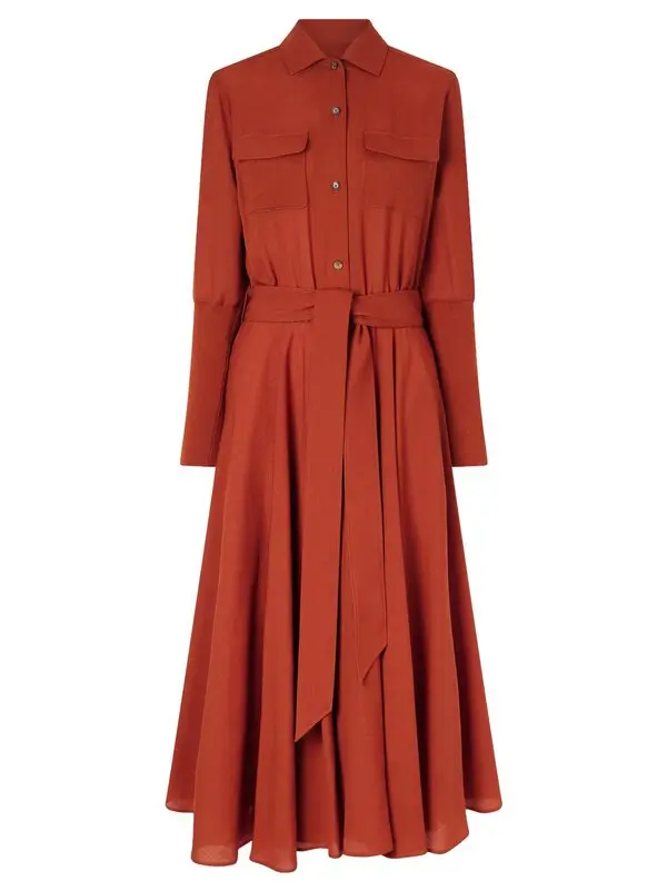 Loro Piana Verlaine Belted Pleated Wool Midi Shirt Dress - Red