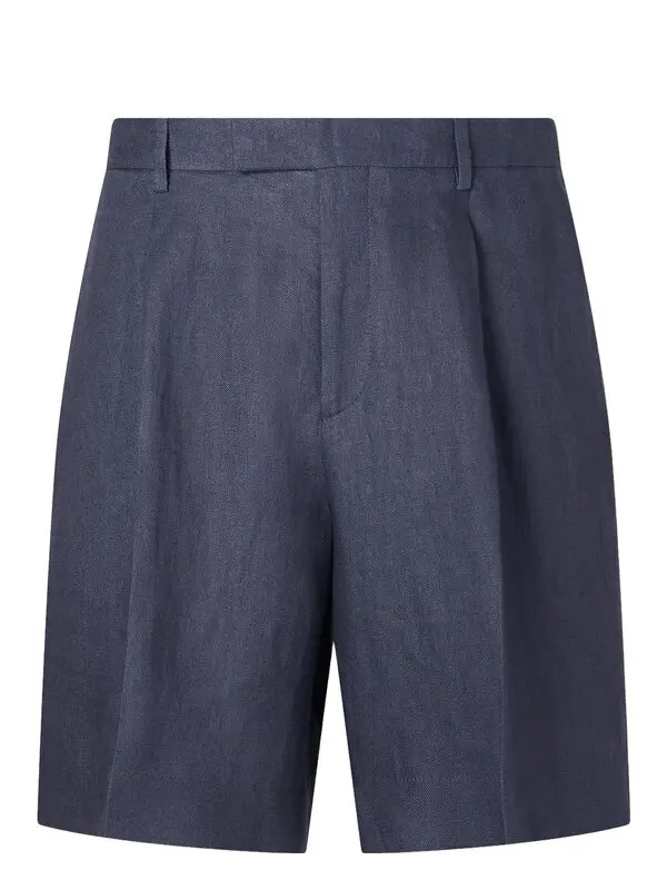 LARDINI Straight-leg Pleated Linen-twill Shorts - Blue