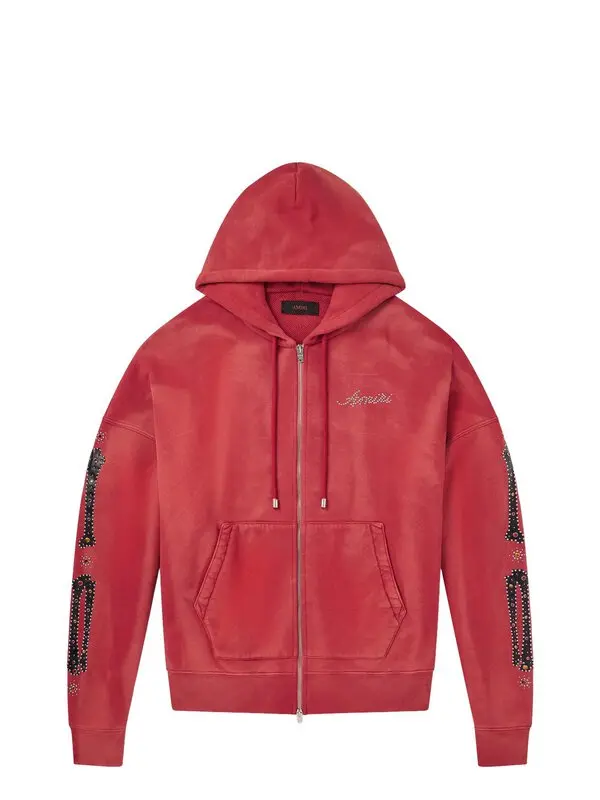 Amiri Studded Cotton-jersey Zip-up Hoodie - Red
