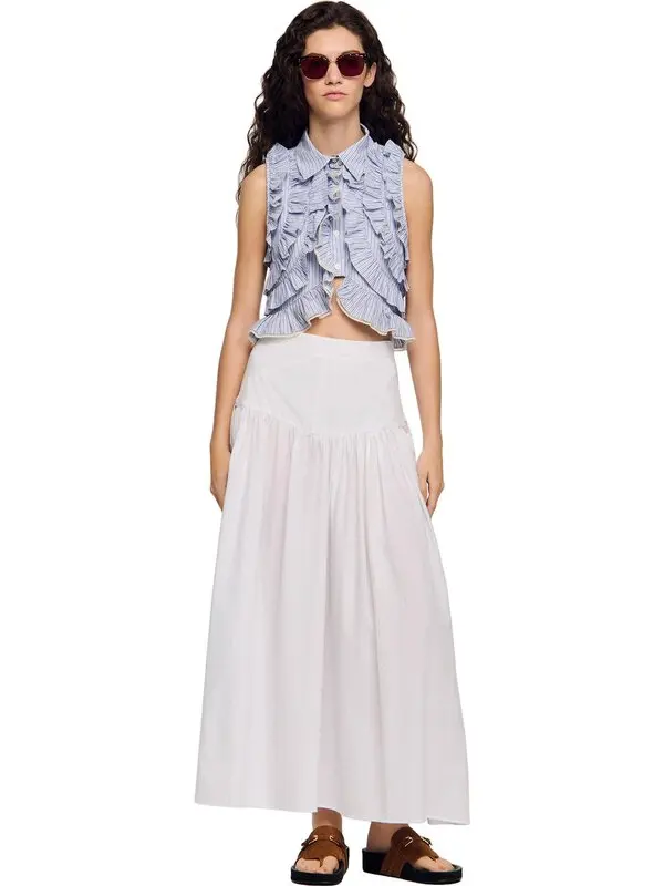 Sandro Maxi Poplin Flared Skirt With Cut-outs And Ties - White