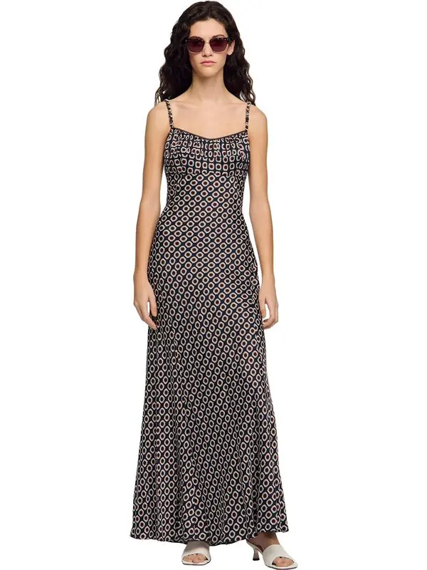 Sandro Floral Print Maxi Slip Dress - Deep Blue / Ocher