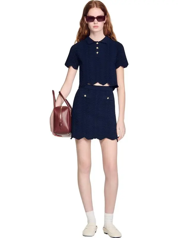 Sandro Mini Fancy-stitch Knit Skirt - Navy Blue