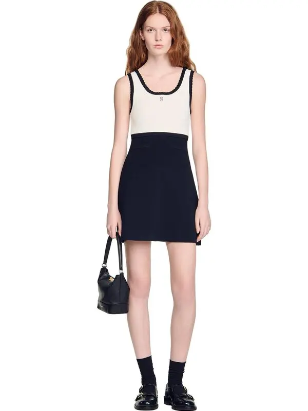 Sandro Two-tone Knit Mini Dress With Straps - Black