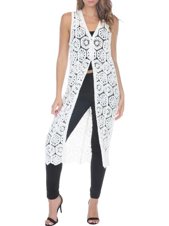 RAIN AND ROSE Crochet Longline Vest - White
