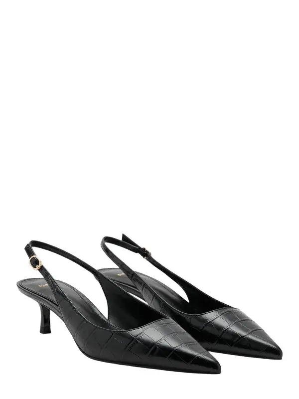 Mango Croc Embossed Slingback Kitten Heel Pumps - Black