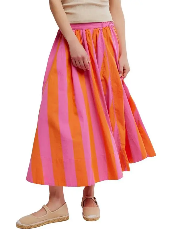 Free People Lowen Stripe Cotton Midi Skirt - Pink Combo