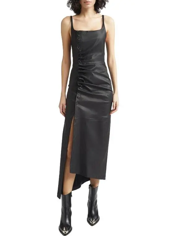 Rabanne Draped Lambskin Leather Midi Dress - Black