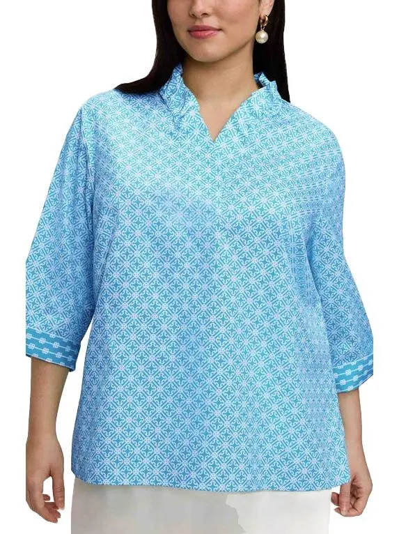 Foxcroft Geo Lattice Print Ruffle Collar Cotton Top - Blue/white