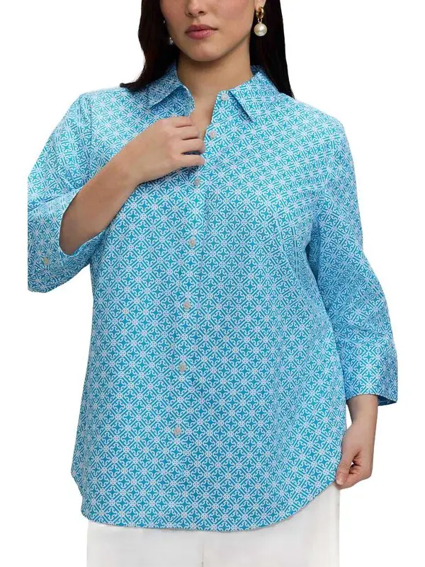 Foxcroft Margie Geo Lattice Three-quarter Sleeve Button-up Shirt - Blue/white