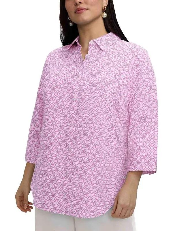 Foxcroft Margie Geo Lattice Three-quarter Sleeve Button-up Shirt - Pink/white