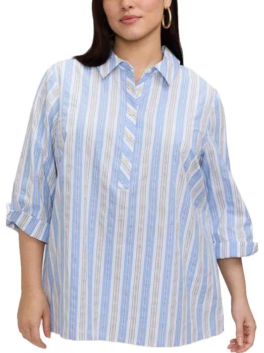 Foxcroft Therese Stripe Button Back Cotton Seersucker Popover Shirt - Blue Multi
