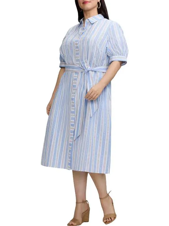 Foxcroft Esther Belted Stripe Cotton Shirt Dress - Blue Multi