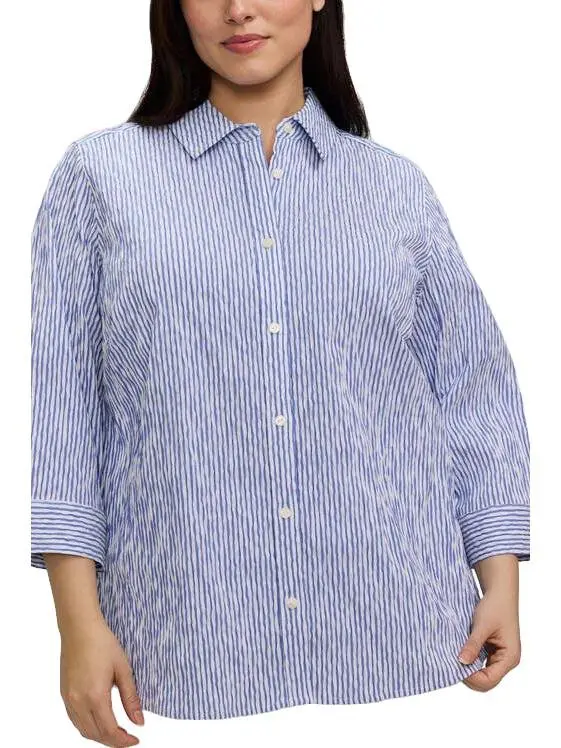 Foxcroft Hampton Stripe Three-quarter Sleeve Button-up Shirt - Blue/white