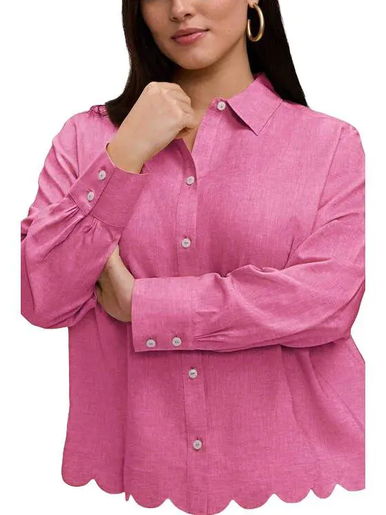 Foxcroft Scarlett Scallop Hem Linen Blend Button-up Shirt - Cosmo Pink