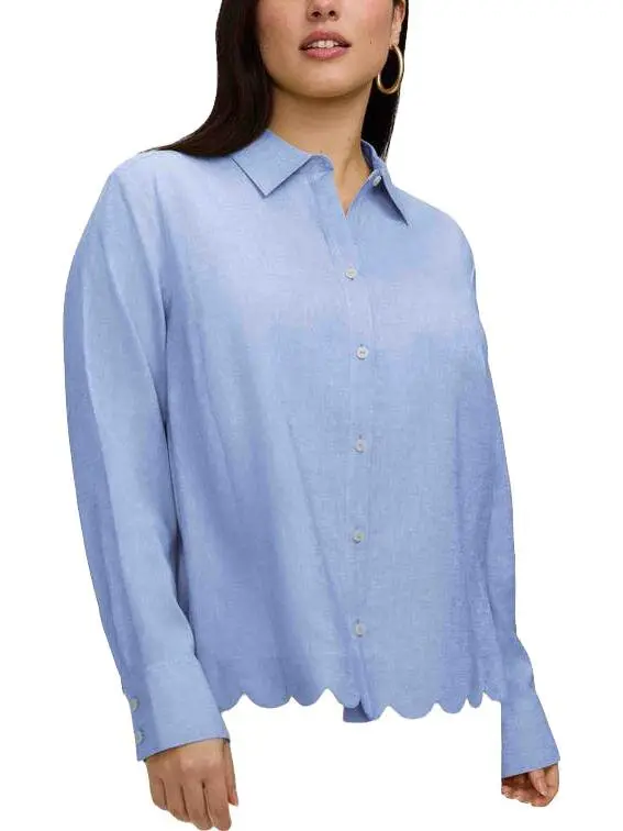 Foxcroft Scarlett Scallop Hem Linen Blend Button-up Shirt - Powder Blue