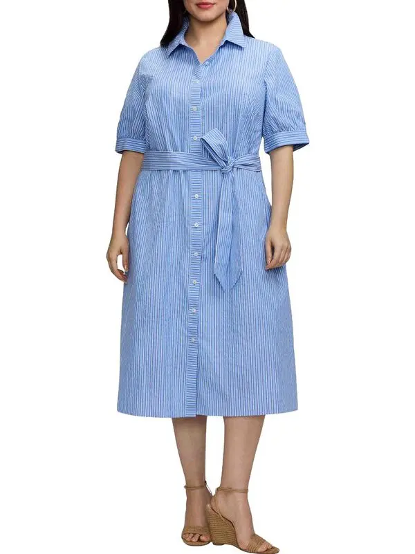 Foxcroft Esther Belted Stripe Cotton Shirtdress - Blue Multi