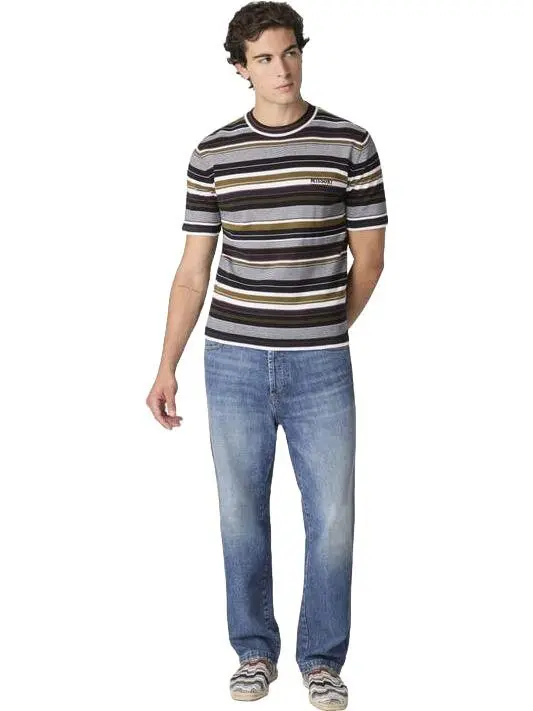 Missoni Striped Crew-neck Cotton T-shirt With Embroidered Logo Lettering - Beige& Grey