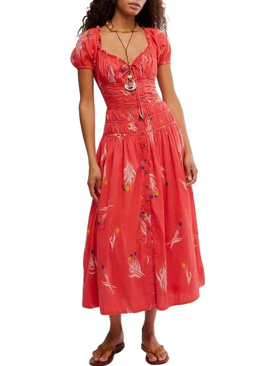 Free People Complete Me Cotton Midi Dress - Coral Combo