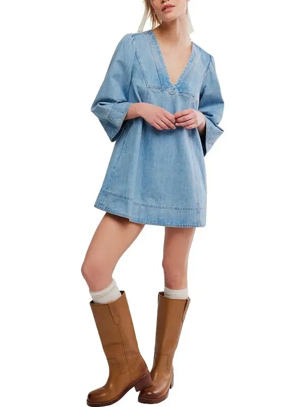 Free People Goldie Balloon Sleeve Denim Mini Dress - Celestial Blue