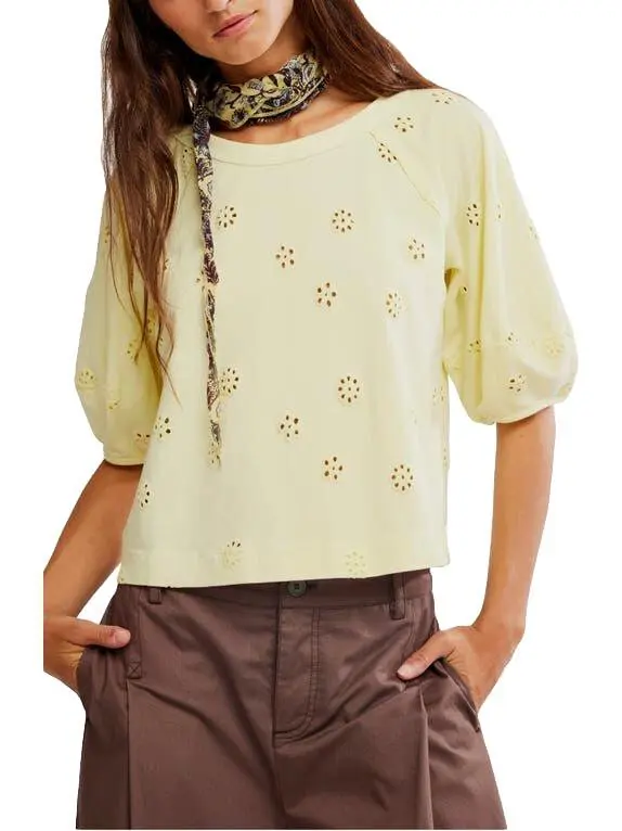 Free People Jessie Eyelet Puff Sleeve Top - Lemon Water Combo