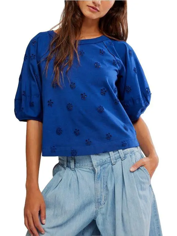 Free People Jessie Eyelet Puff Sleeve Top - Navy Combo