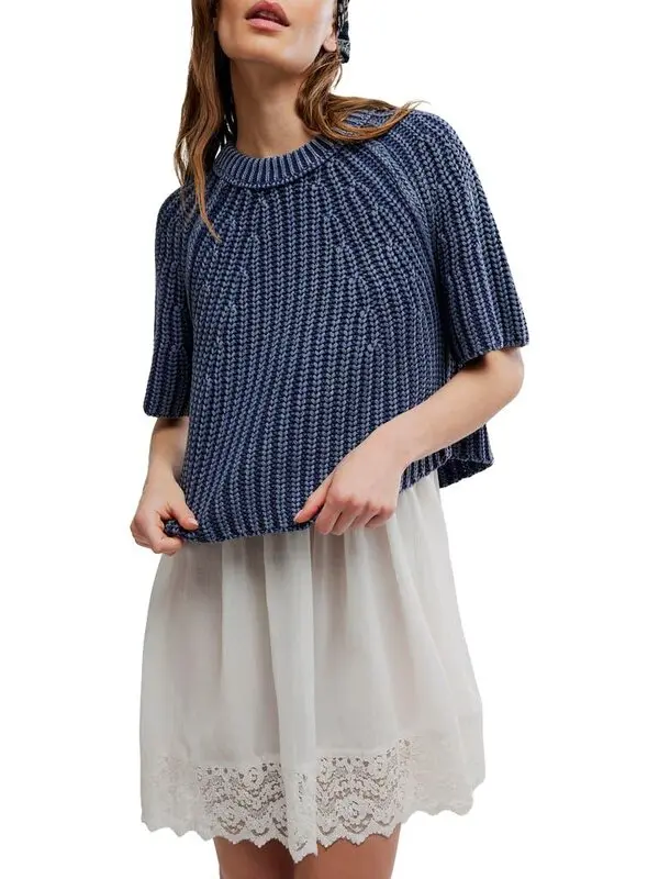Free People Amy Short Sleeve Cotton Sweater - Navy Academy
