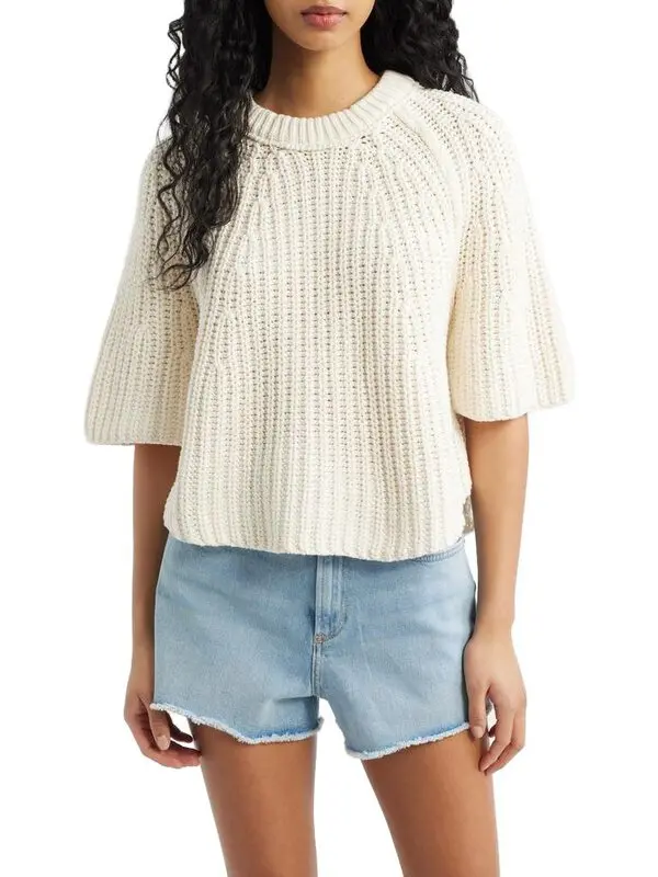 Free People Amy Short Sleeve Cotton Sweater - Whisper White