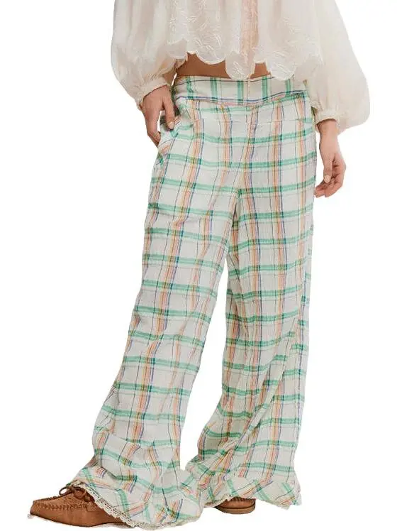 Free People Hour Glass Plaid Wide Leg Pants - Ivory Combo