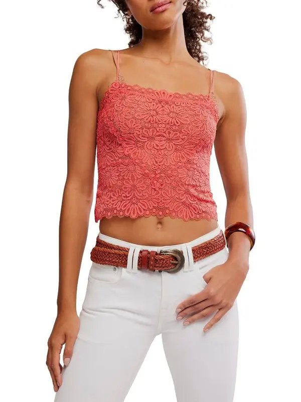 Free People Love And Lace Semi-sheer Crop Camisole - Aged Coral