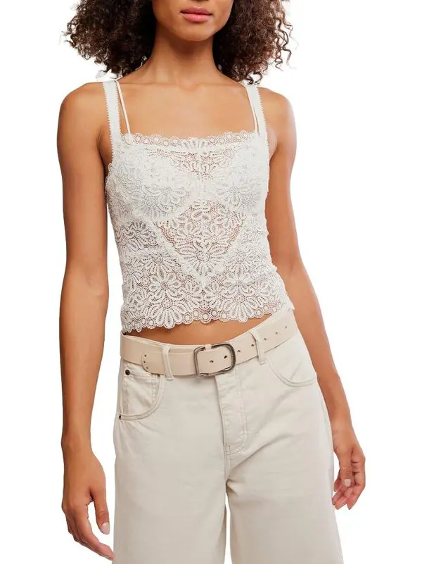 Free People Love And Lace Semi-sheer Crop Camisole - Clean Ivory