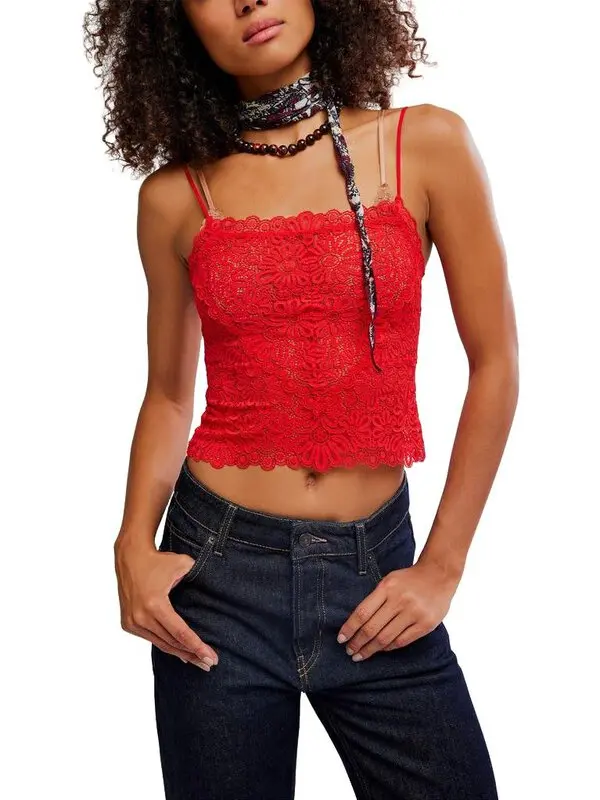Free People Love And Lace Semi-sheer Crop Camisole - High Risk Red